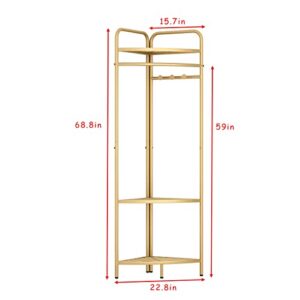 DOORXIFO Corner Gold Clothing Racks Freestanding, Gold Metal Coat Racks with Hooks, Heavy Duty Modern Clothes Rack with 3 Tier Storage Shelves for Home,Bedroom,Living Room