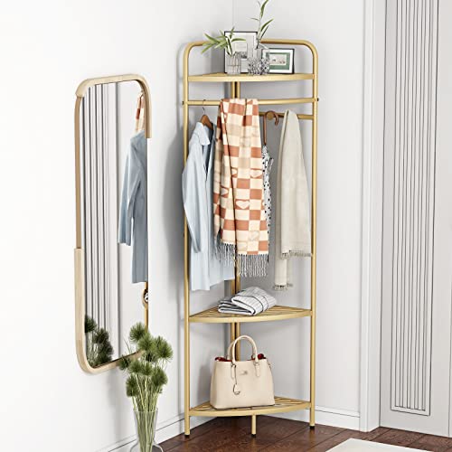 DOORXIFO Corner Gold Clothing Racks Freestanding, Gold Metal Coat Racks with Hooks, Heavy Duty Modern Clothes Rack with 3 Tier Storage Shelves for Home,Bedroom,Living Room