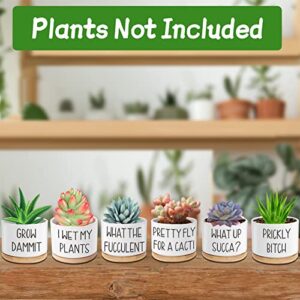 Succulent Pots 6 Pack, 3.15” Ceramic Funny Succulent Planters with Drainage and Bamboo Tray, Small Plant Pots with Plant Labels for Indoor Outdoor Plant, Birthday Gifts for Women - Plants Not Included