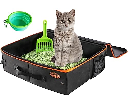 Portable Travel Litter Box with Lid, Foldable Mobile Cat Litter Box for Outdoor Fit Medium Cats and Kittie, Leak-Proof Collapsible Cat Litter Carrier Box for Easy Car Ride with Cats