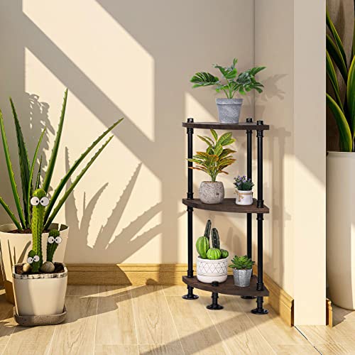 3 Tier Corner Shelf Stand Wood Corner Display Rack Small Industrial Corner Standing Storage Shelf Bookshelf Plant Stand for Small Space Bedroom Living Room Kitchen Brown