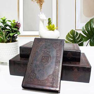 drofely decorative book box set of 3, trinket box book shaped storage box vintage style imitation leather decorative book boxes antique books for decoration medal embossed pattern