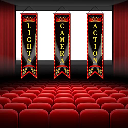 Tegeme Movie Night Porch Sign Banner Theme Party Decorations Theater Welcome Now Showing Lights Camera Action Hanging for Home Film Backdrop Supplies (Delicate Style, 3 Pieces)