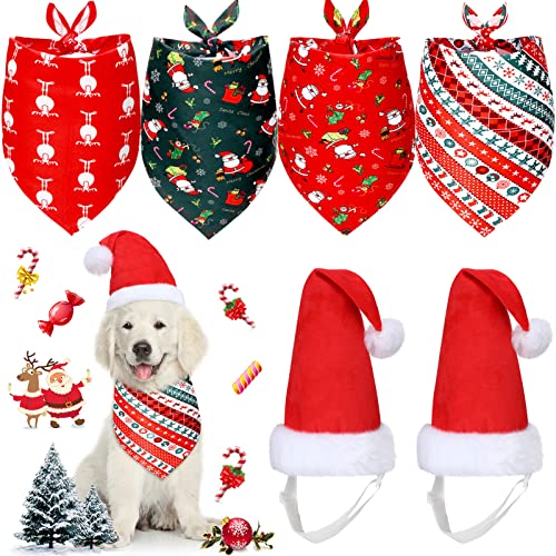 Christmas Dog Bandanas Hat Set 4 Pieces Christmas Dog Bandana Adjustable Pet Triangle Scarf and 2 Pieces Pet Santa Hat Dog Christmas Hat for Pets Dogs Cats Christmas Costumes (Vivid Patterns, Medium)