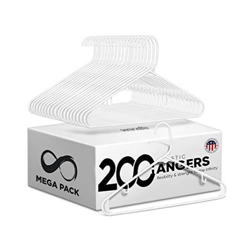 White Standard Plastic Hangers, Mega Pack, 200 Pieces Hangers for Clothes, Durable Tubular Hanger Slip Design Cloth Hanger Set with 2 Integrated Strap Hook Design