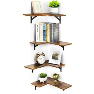 bty corner floating shelves set of 4, wall mounted floating corner shelf, rustic wood wall storage display shelves for living room bedroom kitchen,corner floating shelves for wall