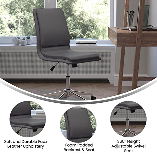 Flash Furniture Madigan Task Office Chair - Luxurious Gray LeatherSoft Upholstery - Padded Mid-Back and Seat - Height Adjustable Chrome Base - Armless