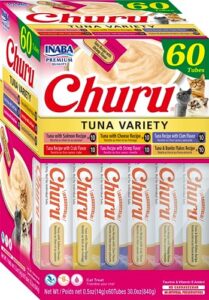 inaba churu cat treats, grain-free, lickable, squeezable creamy purée cat treat/topper with vitamin e & taurine, 0.5 ounces each tube, 60 tubes, tuna variety box