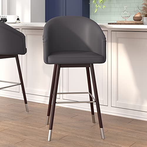 Flash Furniture Margo Commercial Grade Mid-Back Barstool - Gray LeatherSoft Upholstery - Walnut Finish Beechwood Legs with Brushed Silver Accents - 30" Bar Stool