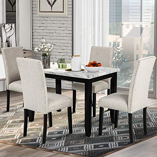 Quarte 5-Piece Dining Table Set, Marble Veneer Top Kitchen Table Set with 4 Thicken Cushion Dining Chairs for Home Living Room