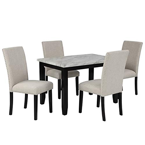 Quarte 5-Piece Dining Table Set, Marble Veneer Top Kitchen Table Set with 4 Thicken Cushion Dining Chairs for Home Living Room