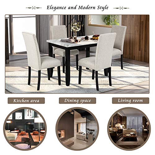 Quarte 5-Piece Dining Table Set, Marble Veneer Top Kitchen Table Set with 4 Thicken Cushion Dining Chairs for Home Living Room