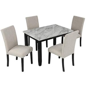 Quarte 5-Piece Dining Table Set, Marble Veneer Top Kitchen Table Set with 4 Thicken Cushion Dining Chairs for Home Living Room