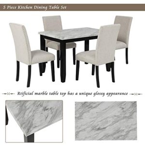 Quarte 5-Piece Dining Table Set, Marble Veneer Top Kitchen Table Set with 4 Thicken Cushion Dining Chairs for Home Living Room