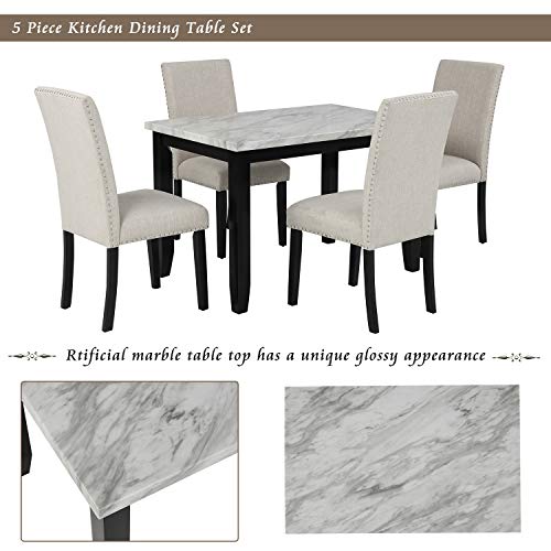 Quarte 5-Piece Dining Table Set, Marble Veneer Top Kitchen Table Set with 4 Thicken Cushion Dining Chairs for Home Living Room