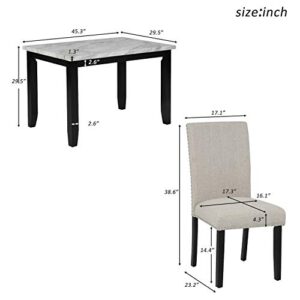 Quarte 5-Piece Dining Table Set, Marble Veneer Top Kitchen Table Set with 4 Thicken Cushion Dining Chairs for Home Living Room