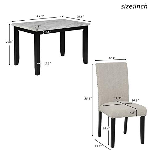 Quarte 5-Piece Dining Table Set, Marble Veneer Top Kitchen Table Set with 4 Thicken Cushion Dining Chairs for Home Living Room