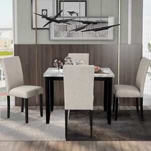 Quarte 5-Piece Dining Table Set, Marble Veneer Top Kitchen Table Set with 4 Thicken Cushion Dining Chairs for Home Living Room