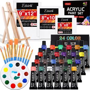 esrich acrylic paint canvas set,42 piece professional premium paint kit with 1 wood easel,24colors,10 brushes,6 canvases, painting supplies kit for kids,students, artists and beginner