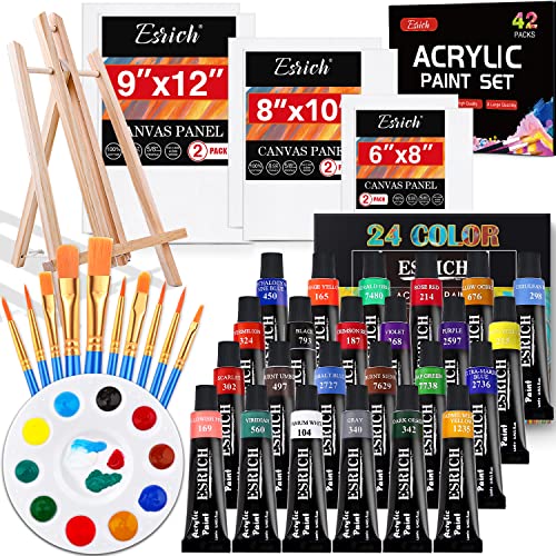 ESRICH Acrylic Paint Canvas Set,42 Piece Professional Premium Paint Kit with 1 Wood Easel,24Colors,10 Brushes,6 Canvases, Painting Supplies Kit for Kids,Students, Artists and Beginner