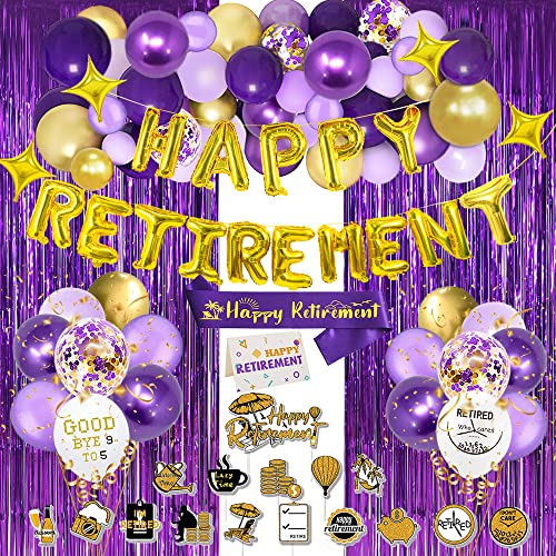 Sharonlily 84 Pcs Retirement Party Decorations for Women Men, Super Value Pack of Purple Gold Retirement Decoration Party Supplies, Happy Retirement Banner, Balloon Garland Arch, Fringe Curtains, etc.