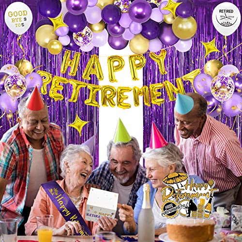 Sharonlily 84 Pcs Retirement Party Decorations for Women Men, Super Value Pack of Purple Gold Retirement Decoration Party Supplies, Happy Retirement Banner, Balloon Garland Arch, Fringe Curtains, etc.