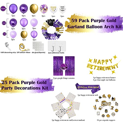 Sharonlily 84 Pcs Retirement Party Decorations for Women Men, Super Value Pack of Purple Gold Retirement Decoration Party Supplies, Happy Retirement Banner, Balloon Garland Arch, Fringe Curtains, etc.