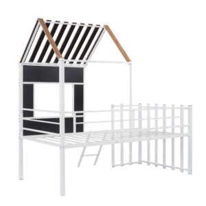 Harper & Bright Designs Metal House Loft Bed Twin, Kids Low Loft Bed with Roof & Window, Twin Size Loft Bed with Guardrail for Girls Boys, White+MDF