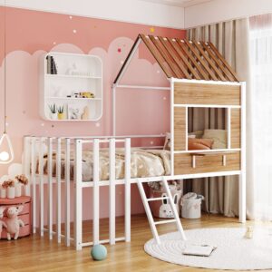 Harper & Bright Designs Metal House Loft Bed Twin, Kids Low Loft Bed with Roof & Window, Twin Size Loft Bed with Guardrail for Girls Boys, White+MDF