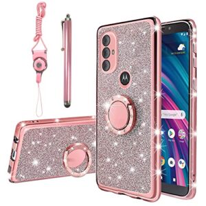 kudini for moto g pure phone case, moto g power 2022 case moto g play 2023 case for women glitter clear tpu luxury bling protective cover with kickstand strap for moto g pure(glitter rose)