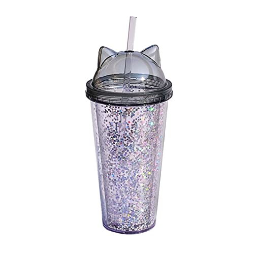 HOVTOIL 420ml Kawaii Water Bottle with Lids and Straws, Glitter Double Wall Drinking Cup, Lovely Cat Ear Water Bottles for Girls Boys School Office Travel Black