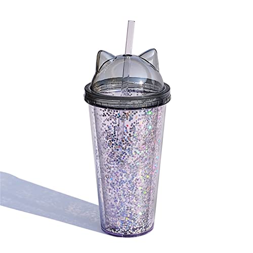 HOVTOIL 420ml Kawaii Water Bottle with Lids and Straws, Glitter Double Wall Drinking Cup, Lovely Cat Ear Water Bottles for Girls Boys School Office Travel Black