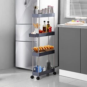 l&h unico 4-tier slim rolling storage cart small kitchen mobile shelving unit organizer perfect for tight spaces with little storage basket, gray