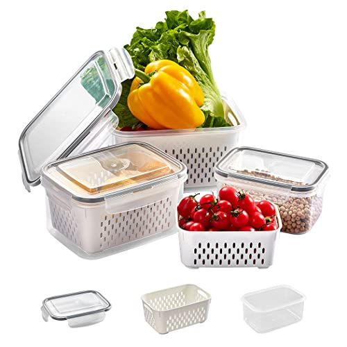 Fruit Grape Storage Containers for Fridge 3 Pack - Produce Fruit Fresh Saver Containers with Lids, Drain Baskets and 20 PCS Reusable Food Storage Bags, Bins BPA-Free for Veggie Berry Salad Lettuce