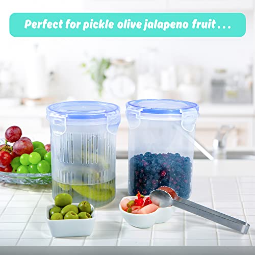 Pickle Storage Container, Plastic Pickle Jar With Strainer Insert, Transparent Pickle Container Tongs, Leaks-Proof and Lock It Lid, for Airtight Food Storage Cucumbers, Jalapenos, Pickles(1Pack)