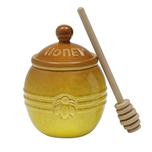 KEKEHOME Ceramic Honey Pot with Lid and Wooden Dipper, 10oz Small Porcelain Honey Jar for Home Kitchen Honey Syrup Jam Jelly