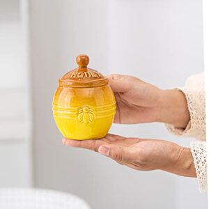 KEKEHOME Ceramic Honey Pot with Lid and Wooden Dipper, 10oz Small Porcelain Honey Jar for Home Kitchen Honey Syrup Jam Jelly