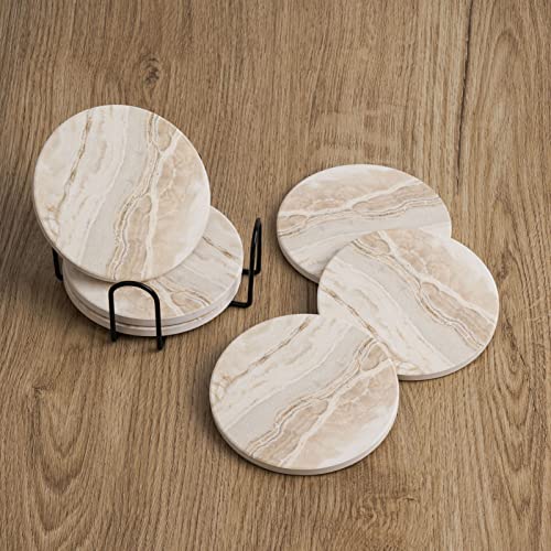 Adorever 6 Pcs Coasters for Drinks with Holder, Absorbent Drink Coaster Marble Style Ceramic Cup Coasters for Coffee Table Tabletop Protection, Coaster Set Housewarming Gift New Home Kitchen Decor