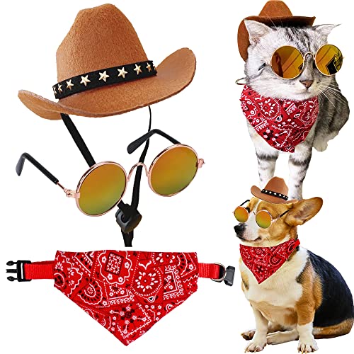 GallaRato Cowboy Costume for Pet Cowboy Bandanna Cowboy Hat for Pet Cowgirl Bandanna Sunglasses Hiphop Costume for Pet Hippie Costume