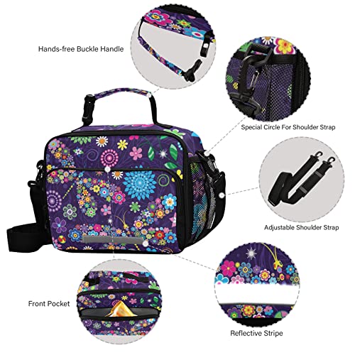 Glaphy Dragonfly and Flowers Lunch Bag, Cooler Lunch Box Insulated Lunch Tote Bags Food Container for Men Women Kids