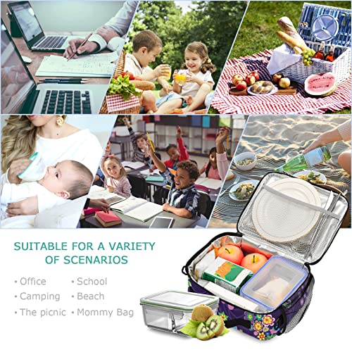 Glaphy Dragonfly and Flowers Lunch Bag, Cooler Lunch Box Insulated Lunch Tote Bags Food Container for Men Women Kids