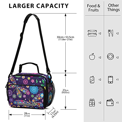 Glaphy Dragonfly and Flowers Lunch Bag, Cooler Lunch Box Insulated Lunch Tote Bags Food Container for Men Women Kids