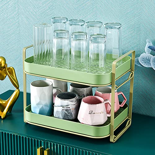 2-Tier Cups Mugs Drying Rack with Drain Tray, Tableware Fruit Storage Rack, Kitchen Countertop Organizer Shelf Tea Tray for Water Coffee Glass Cup Bowls Food and Seasoning Jar Holder (Green)