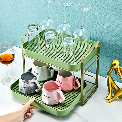 2-Tier Cups Mugs Drying Rack with Drain Tray, Tableware Fruit Storage Rack, Kitchen Countertop Organizer Shelf Tea Tray for Water Coffee Glass Cup Bowls Food and Seasoning Jar Holder (Green)