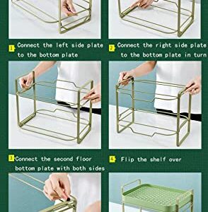 2-Tier Cups Mugs Drying Rack with Drain Tray, Tableware Fruit Storage Rack, Kitchen Countertop Organizer Shelf Tea Tray for Water Coffee Glass Cup Bowls Food and Seasoning Jar Holder (Green)