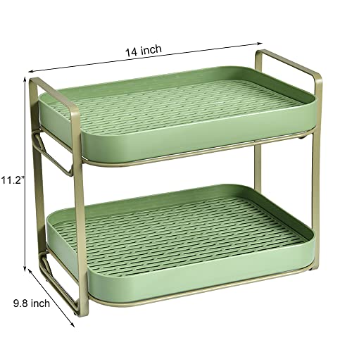 2-Tier Cups Mugs Drying Rack with Drain Tray, Tableware Fruit Storage Rack, Kitchen Countertop Organizer Shelf Tea Tray for Water Coffee Glass Cup Bowls Food and Seasoning Jar Holder (Green)