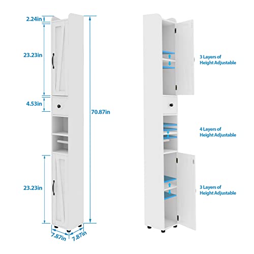 Bathroom Cabinet with Adjustable Shelf, Storage Cabinet for Small Space, Tall Bathroom Storage Cabinet with Retractable Toilet Paper Rod, Narrow Cabinet with 2 Doors, 8 Storage Compartments (White)