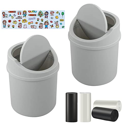 BieFuDan 2 Pcs Mini Trash Can with Swing Lid, Tiny Desktop Waste Basket Garbage Bin with 4 Rolls of Trash Bags, Plastic Countertop Trash Can for Home,Kitchen,Bedroom,Bathroom (2PC Gray)