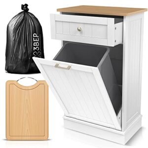 3bep tilt out trash cabinet bamboo countertop |under counter garbage | pet proof trash can tilt out hamper, free bamboo cutting board, 50pk 10-gallon trash bags, white