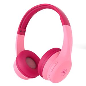 motorola moto jr300 kids bluetooth headphones with microphone - lightweight over ear wireless headphones, safe volume limit 85db, audio splitter for sharing - ideal for school, travel, gaming - pink